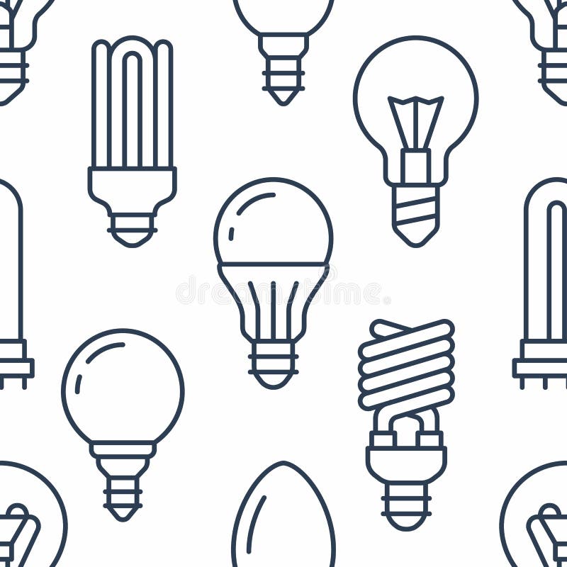 Light Bulbs Flat Line Icons. Led Lamps Types, Fluorescent, Filament ...