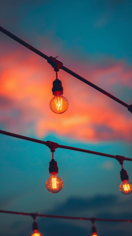 Light Bulbs on String Against Sunset Sky Stock Image - Image of colors ...