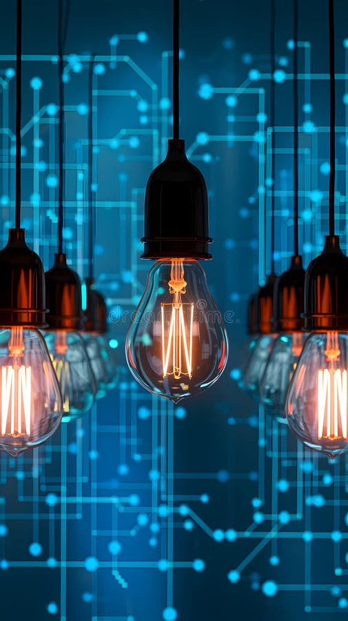 Light Bulbs in a Tech Environment, Glowing Brightly Against Blue ...
