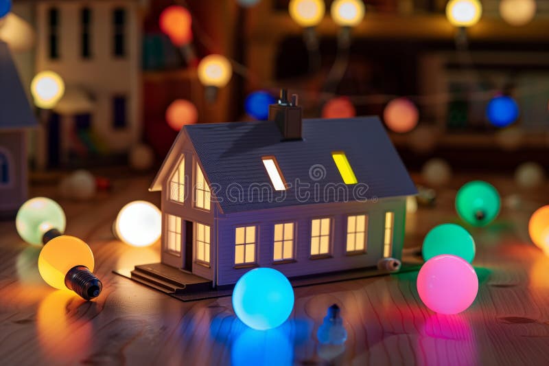 Light Bulbs in Various Colors Around House Model Stock Photo - Image of ...