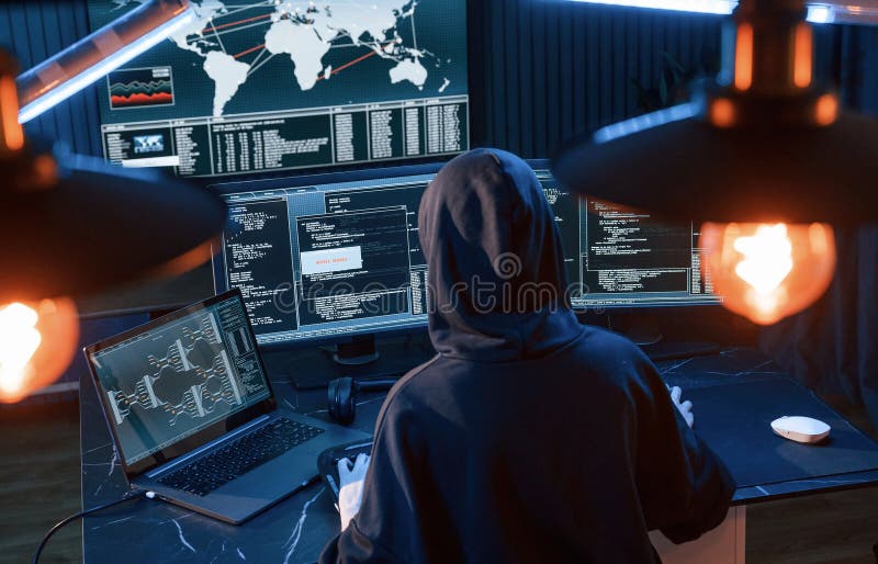 Light Bulbs. Young Professional Female Hacker is Indoors by Computer ...