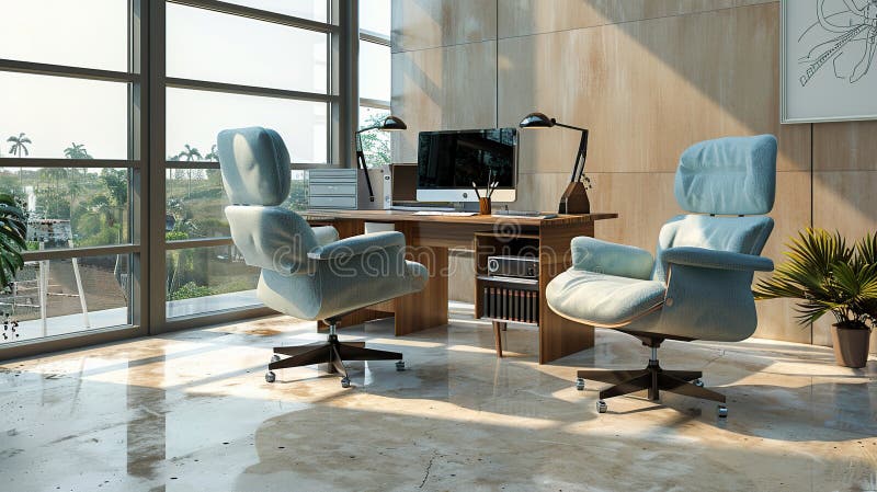 Light Business Interior with Armchairs and Pc Computer on Desk, Side ...