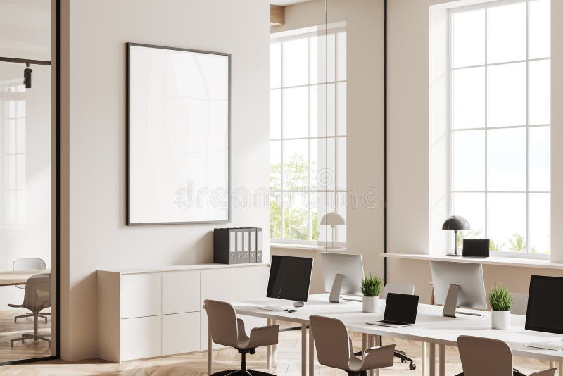 Light Business Interior with Pc Computers and Panoramic Window. Mockup ...