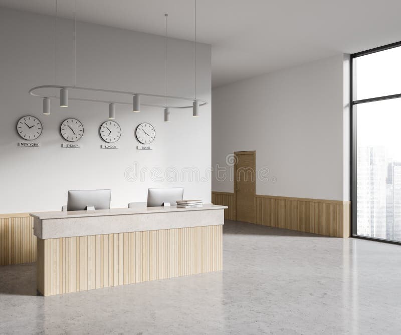 Light Business Interior Reception Desk with Pc Computer and Panoramic ...