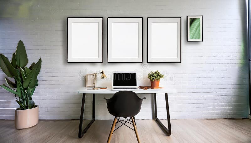 Light Business Room Interior with Desk and Laptop. Mockup Frames Stock ...