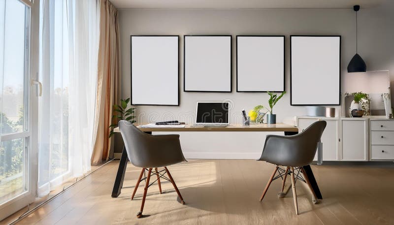 Light Business Room Interior with Desk and Laptop. Mockup Frames Stock ...