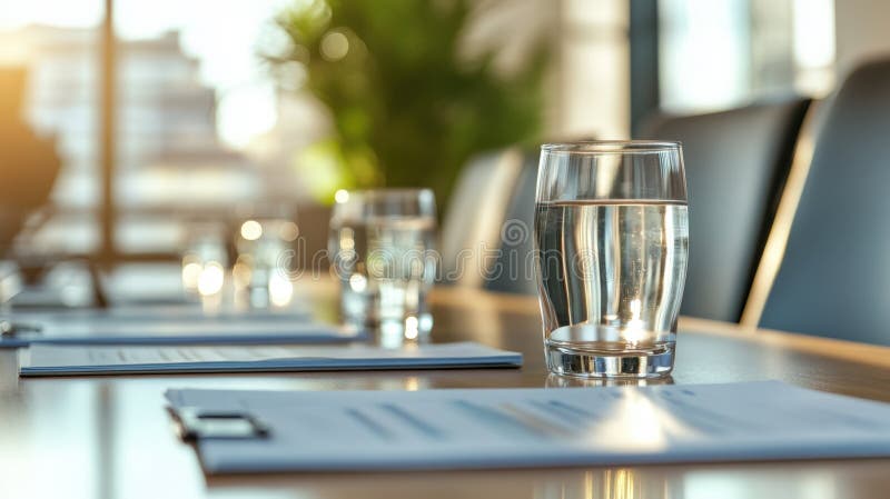 Light-colored Conference Table with Water Glasses and Documents Stock ...