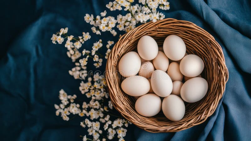 Delicate Light-colored Easter Eggs Arranged in a Rustic Basket on Navy ...