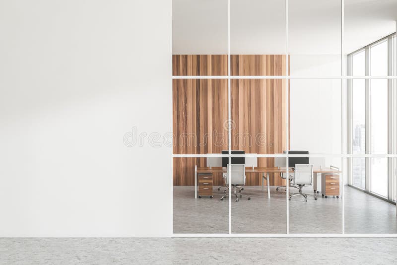 Light Coworking Interior with Computers Behind Glass Doors, Window and ...