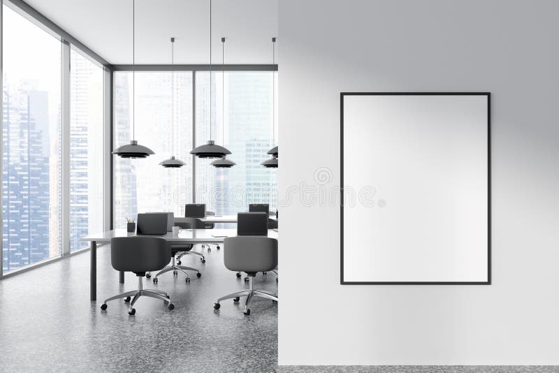 Light Coworking Interior with Computers and Panoramic Window. Mockup ...