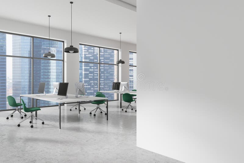 Light Coworking Interior with Pc Computers in Row, Panoramic Window ...