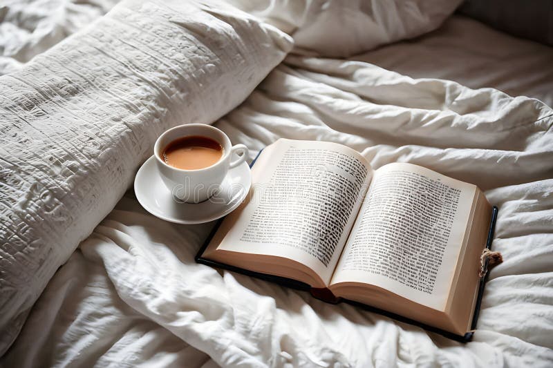 Light Cozy Bedroom, Coffee or Tea Cup and an Open Book on the Bed ...