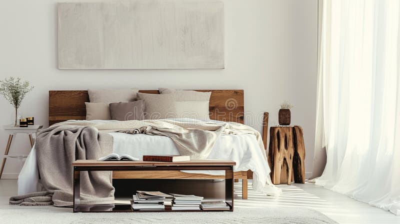 Light Cozy Bedroom with Empty Bed and Coffee Table with Magazines Copy ...