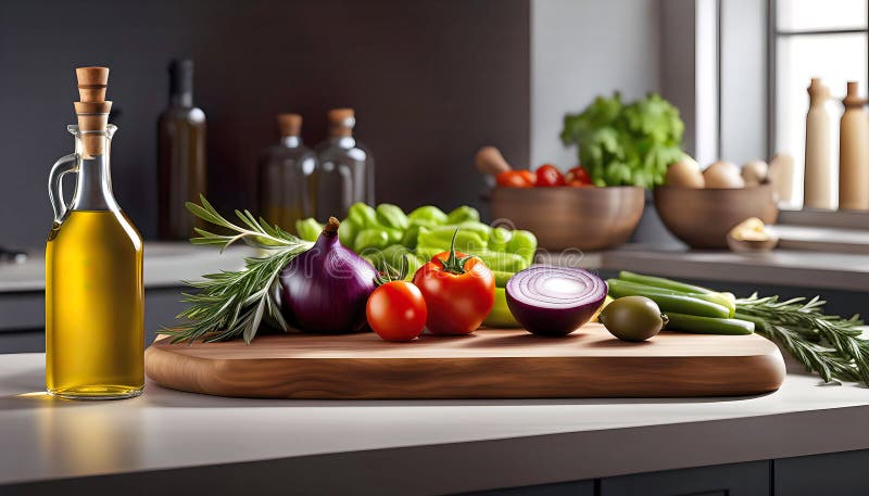 Light Culinary Background with Kitchen Board, Vegetables and Olive Oil ...