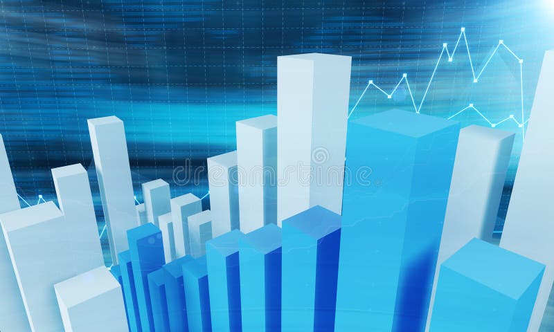 Blue Bar Chart with Yellow Graph Details and Hologram of World Map ...