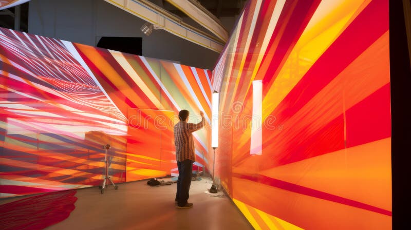 Light Designer Working on Colorful Illuminated Panels in His Studio ...