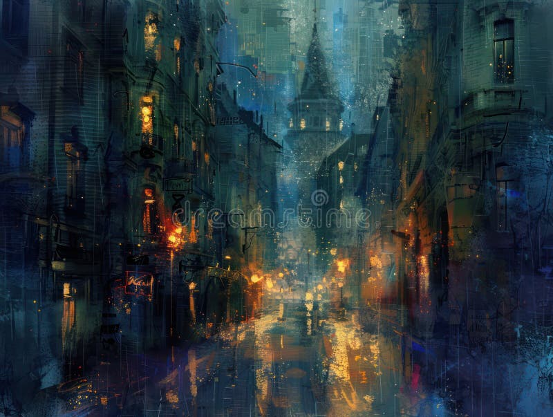 Light Drizzle Over a City Street at Night, Symbolizing Melancholy Stock ...