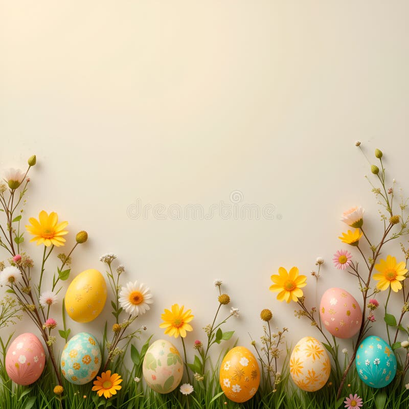A Light Easter Background with Space for Text. Easter Eggs, Flowers ...