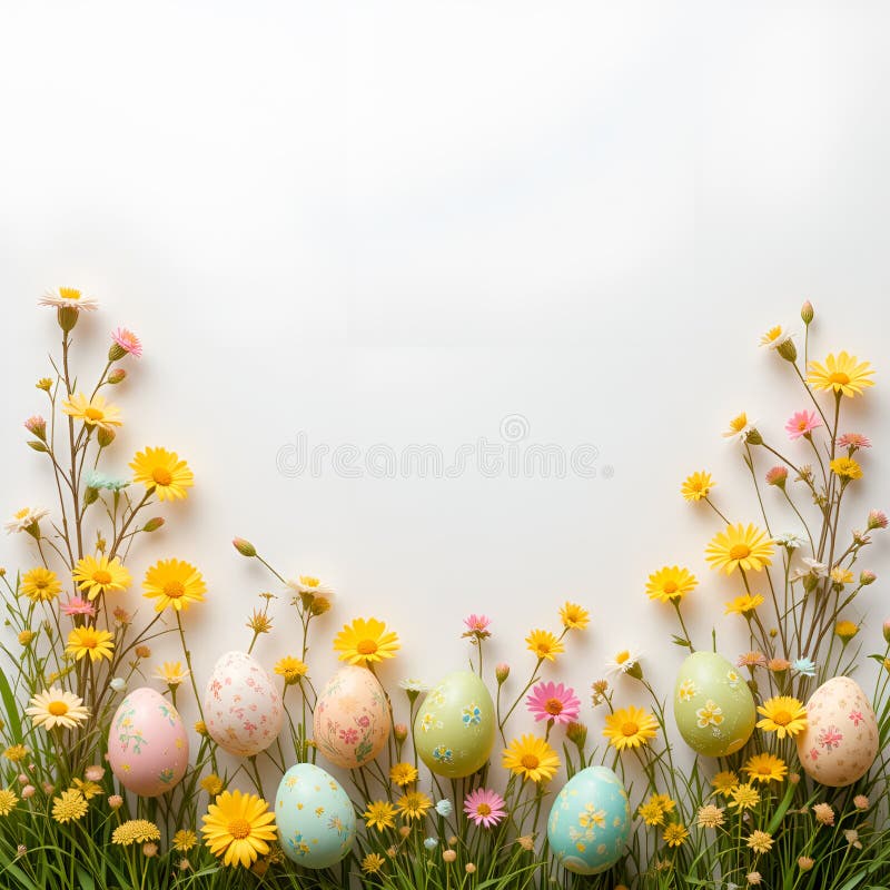 A Light Easter Background with Space for Text. Easter Eggs, Flowers ...