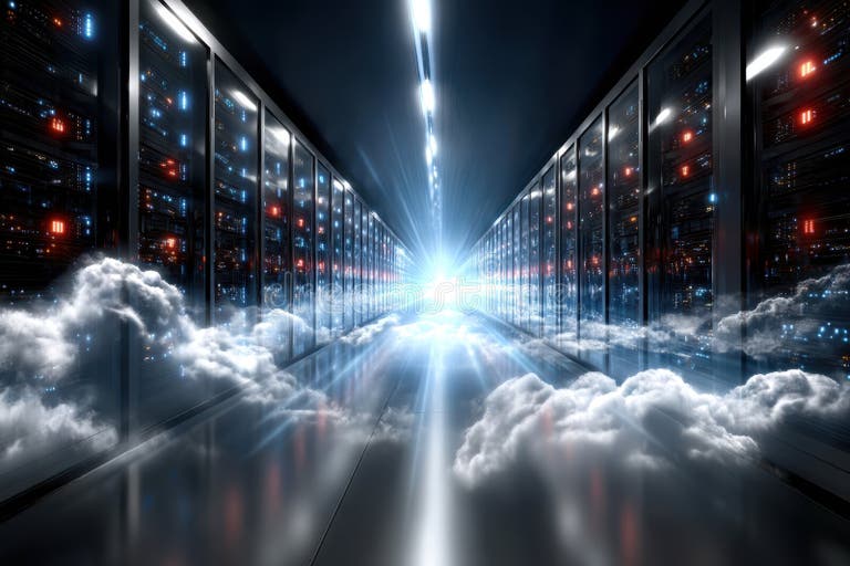 Light Emerging from a High-tech Data Center with Server Racks and Cloud ...