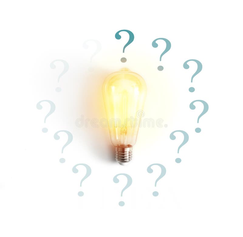 Light-emitting Bulb and Question Marks Around it on a White Background ...
