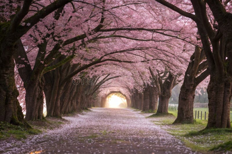 Light at the End of the Cherry Tree Tunnel and Walkway - Generated by ...