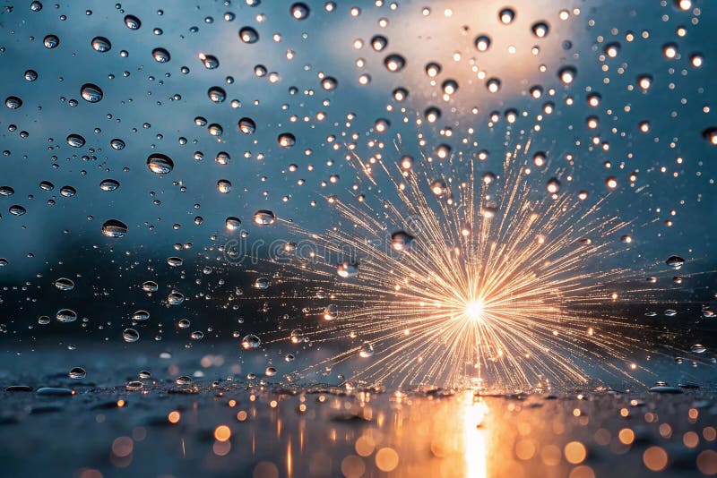 Light Explosion. Zoomed Raindrops on Illuminated Window Create an ...
