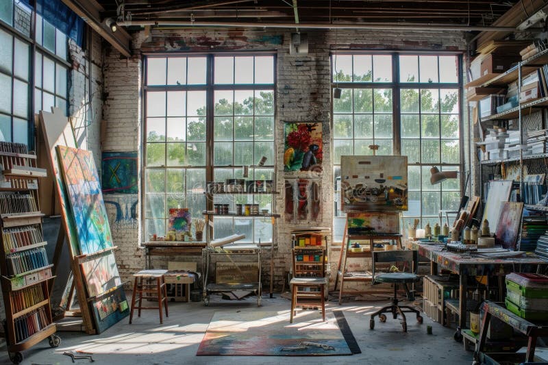 Light-Filled Art Studio with Eclectic Paintings and Creative Clutter ...
