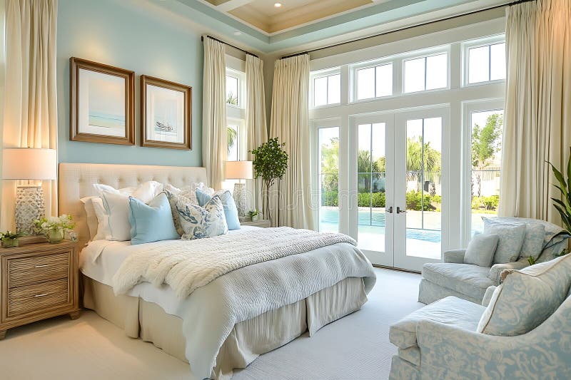 Elegant Bedroom Suite with Soft Blue Accents, Luxurious Bedding, and ...