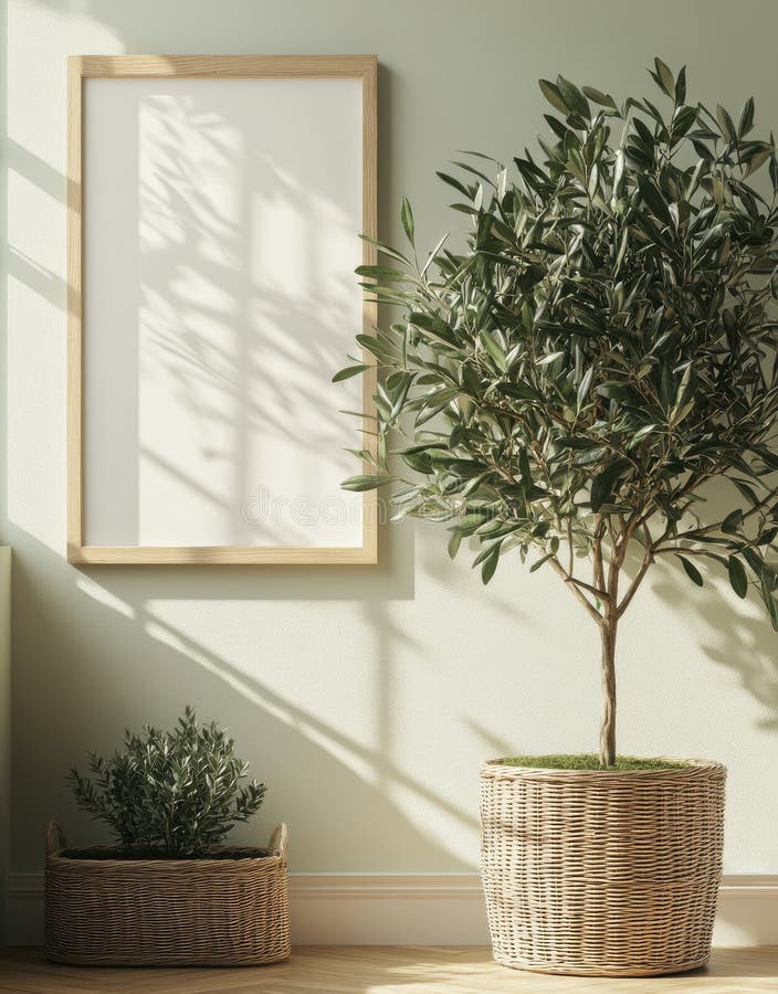 Olive Tree and Blank Frame in a Light Green Room Stock Illustration ...