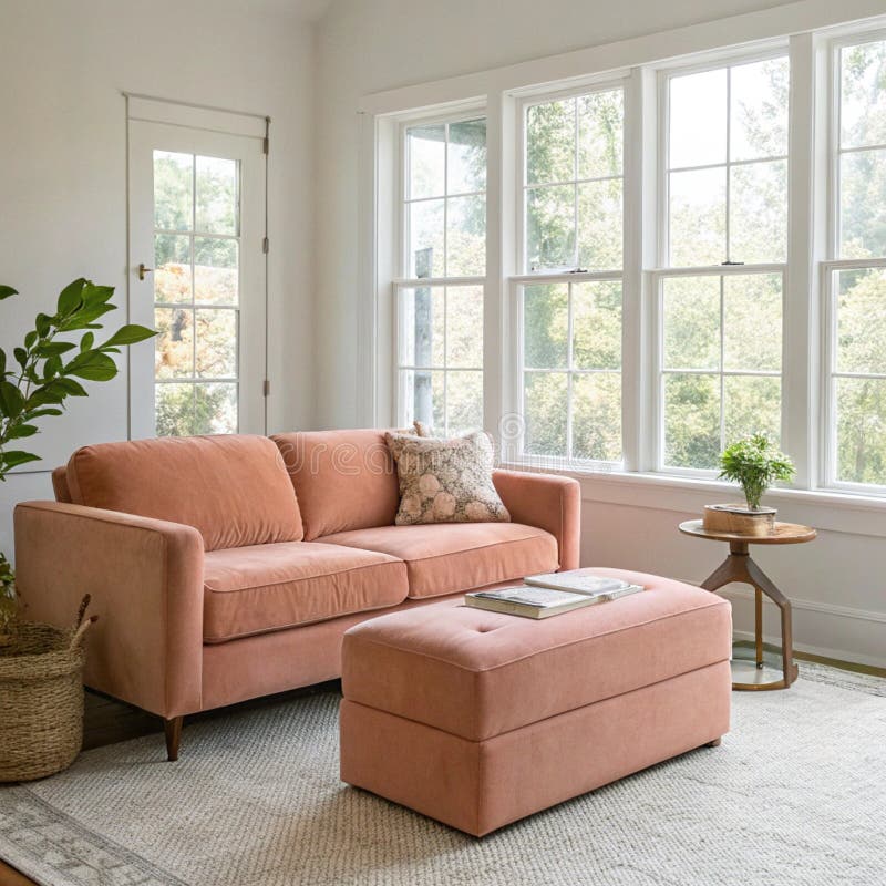 Peach Sofa with Pouf and Table in Light Living Room Stock Photo - Image ...