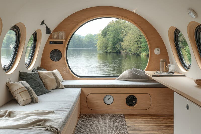 Cozy, Modern Riverboat Interior with Large Windows Stock Illustration ...