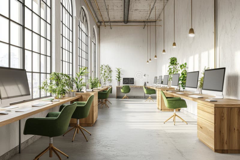 A Light-filled Office with a Desk, Chairs, and Computer Behind a Window ...