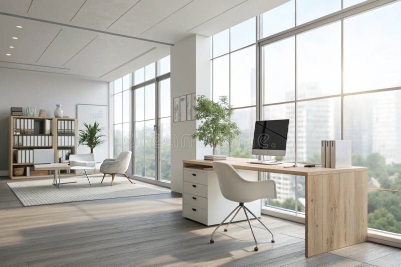 Light Office with Big Window and Modern Interior Stock Illustration ...