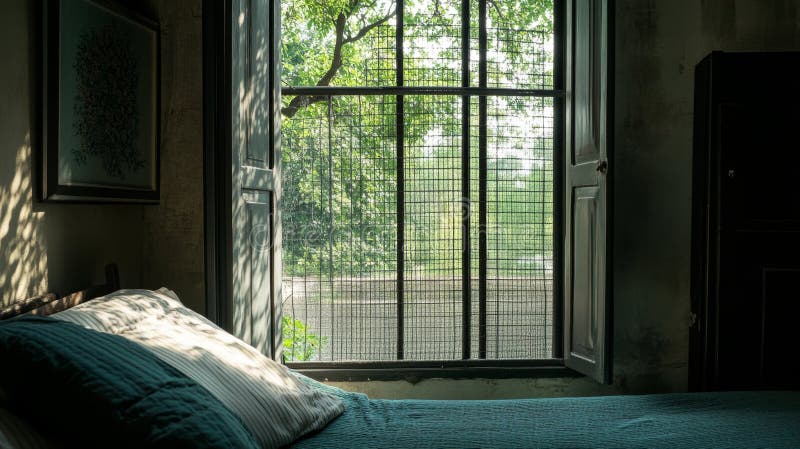 Light Filtering through a Serene Window in a Cozy Bedroom Space Stock ...