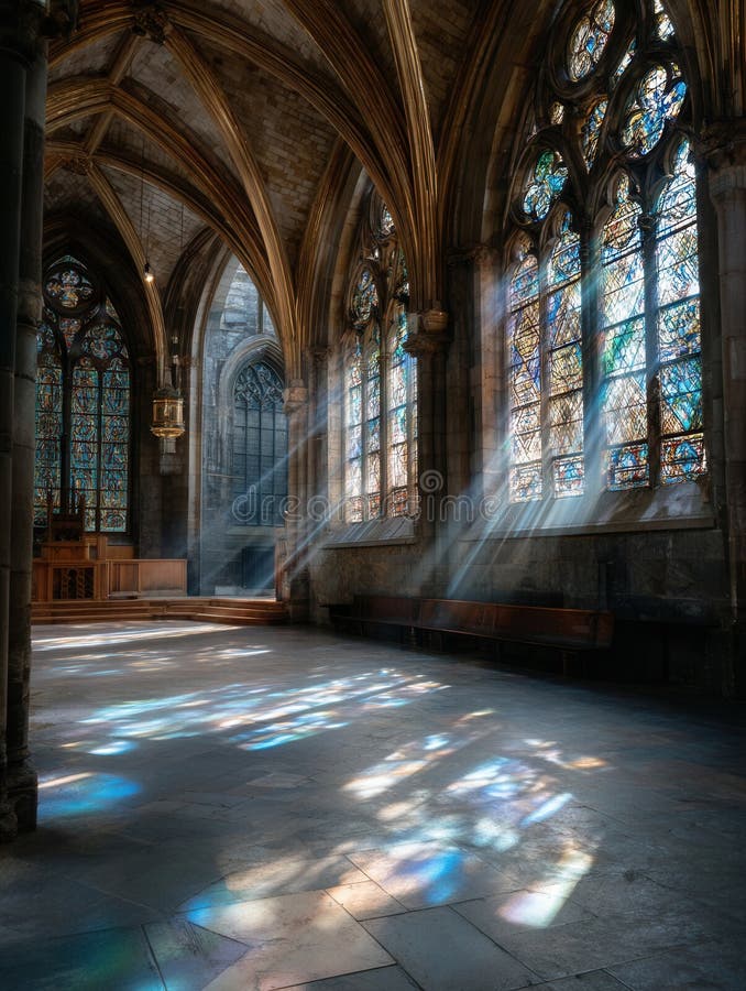 Light Filters through Stained Glass Windows in an Ancient Cathedral ...
