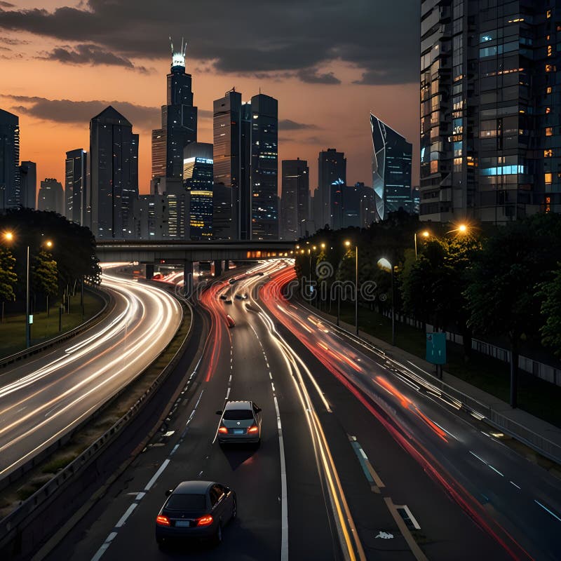 Light Flow of Traffic on a Evening Highway in a City with Modern High ...