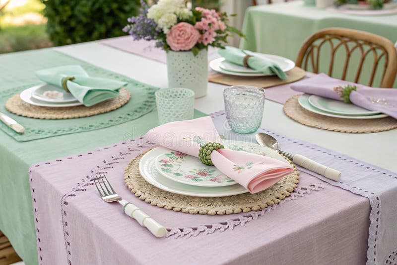 Light and Fresh Spring Table Setting with Pastel Linens and Nature ...
