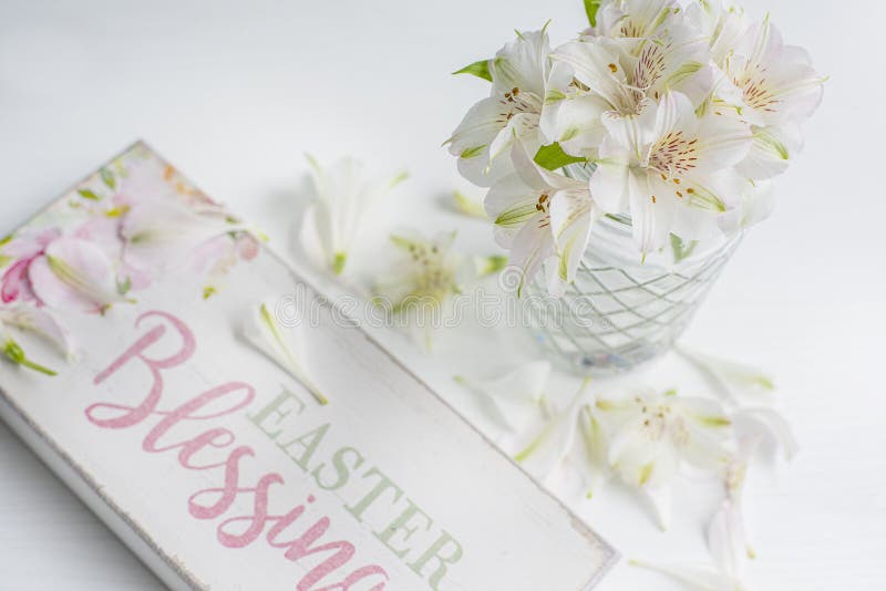 Light Easter Background with White Flowers and a Congratulatory Board ...