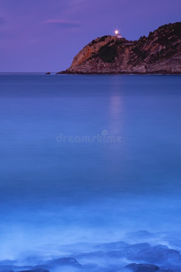 Light of Getaria Lighthouse Over the Sea at Night Stock Image - Image ...