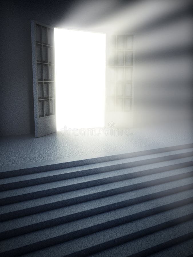 Light Glowing from the Open Door at the Dark. 3D Illustration Stock ...