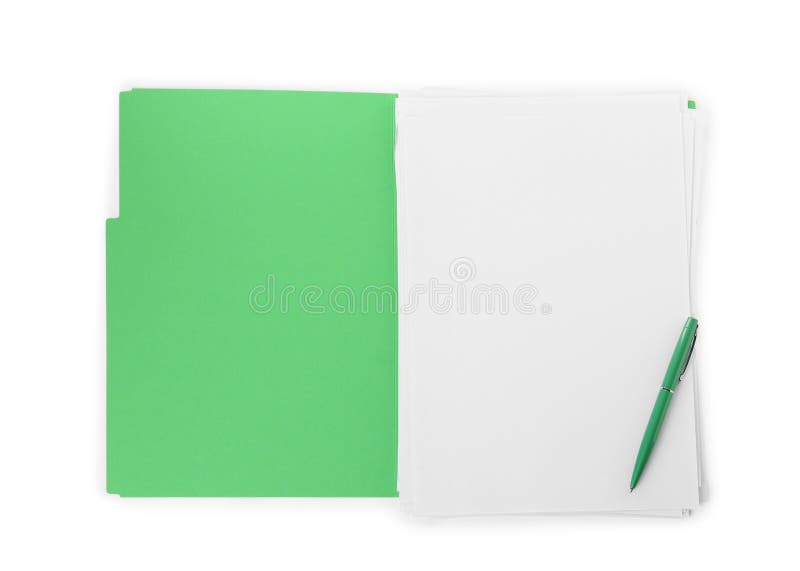 Light Green File with Blank Sheets of Paper and Pen Isolated on White ...