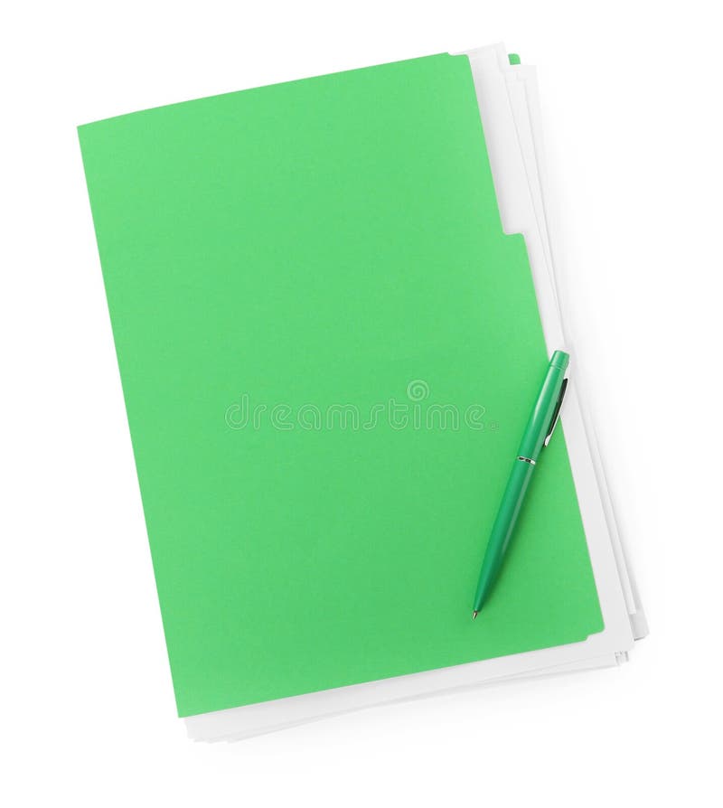 Light Green File with Documents and Pen Isolated on White, Top View ...