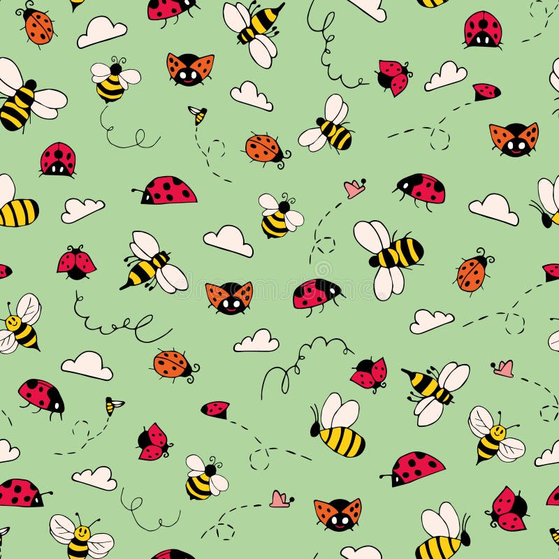 Light Green Ladybugs and Bees Seamless Pattern Background. Summer ...