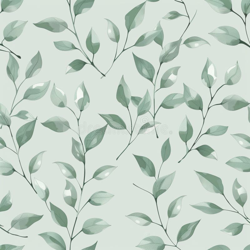 Light Green Leaves and Branch Patterns on a Light Gray Background, in a Watercolor Style Stock ...