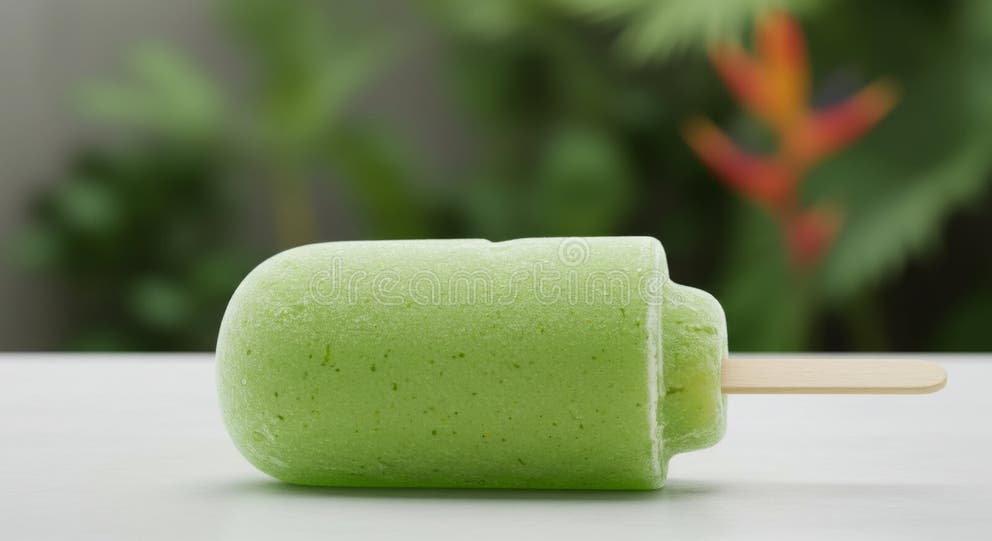 Light Green Popsicle on White Surface with Blurred Tropical Background ...