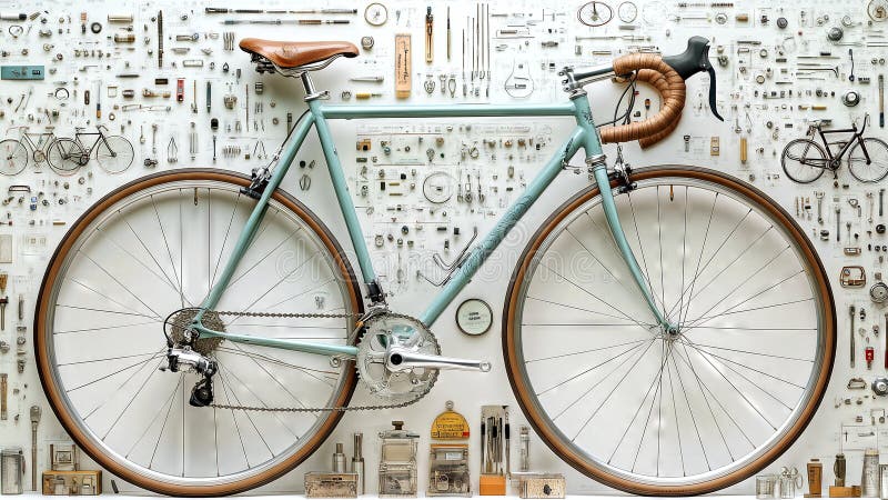 Light Green Vintage Bicycle Surrounded by Its Components on a White ...