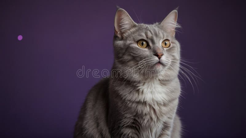 Light Grey Cat Gazing Upward on Purple Studio Background. Stock Photo ...