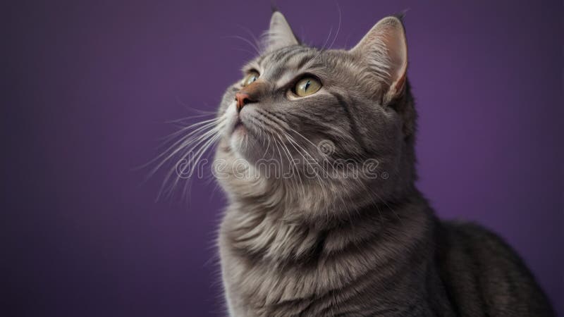 Light Grey Cat Gazing Upward on Purple Studio Background. Stock Photo ...