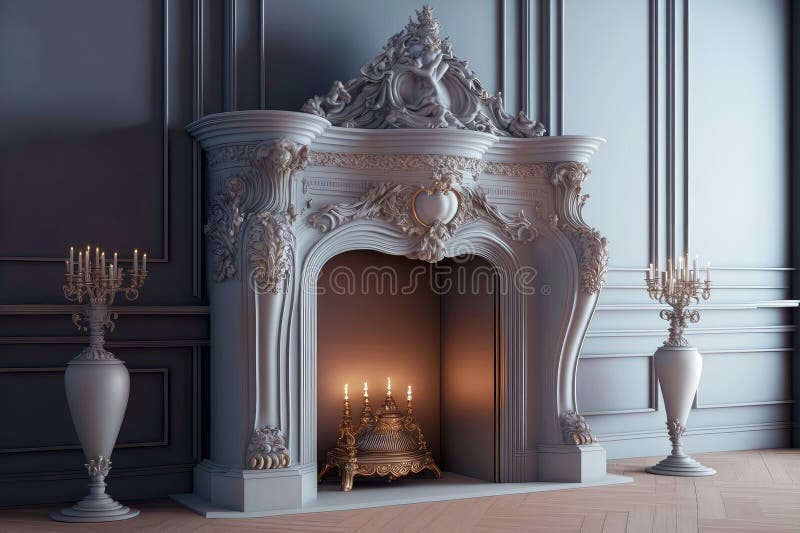 Light Grey Cozy Baroque Interior with Decorative Fireplace Stock ...